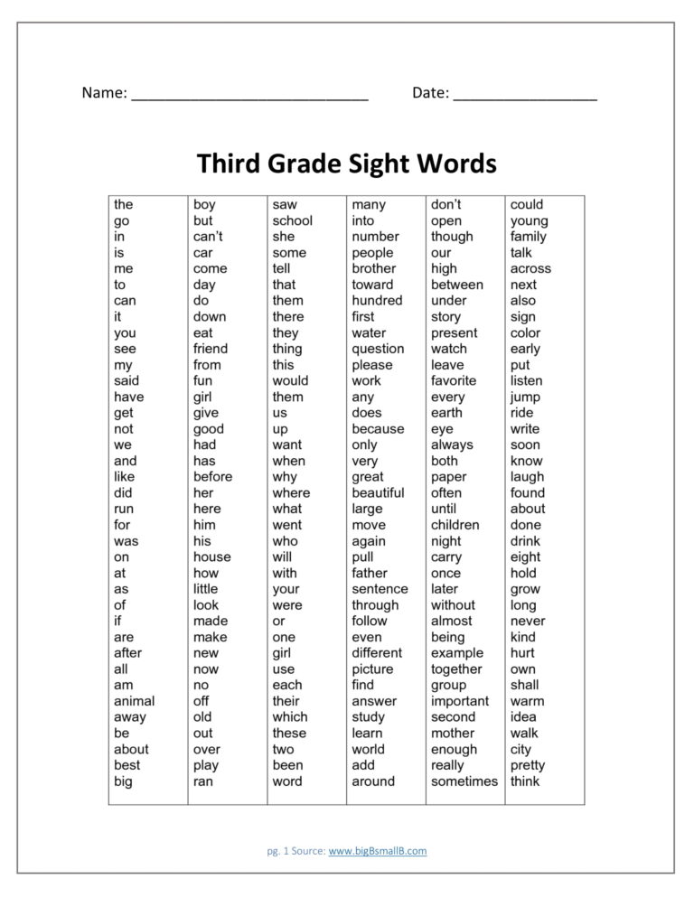 Third Grade Sight Words